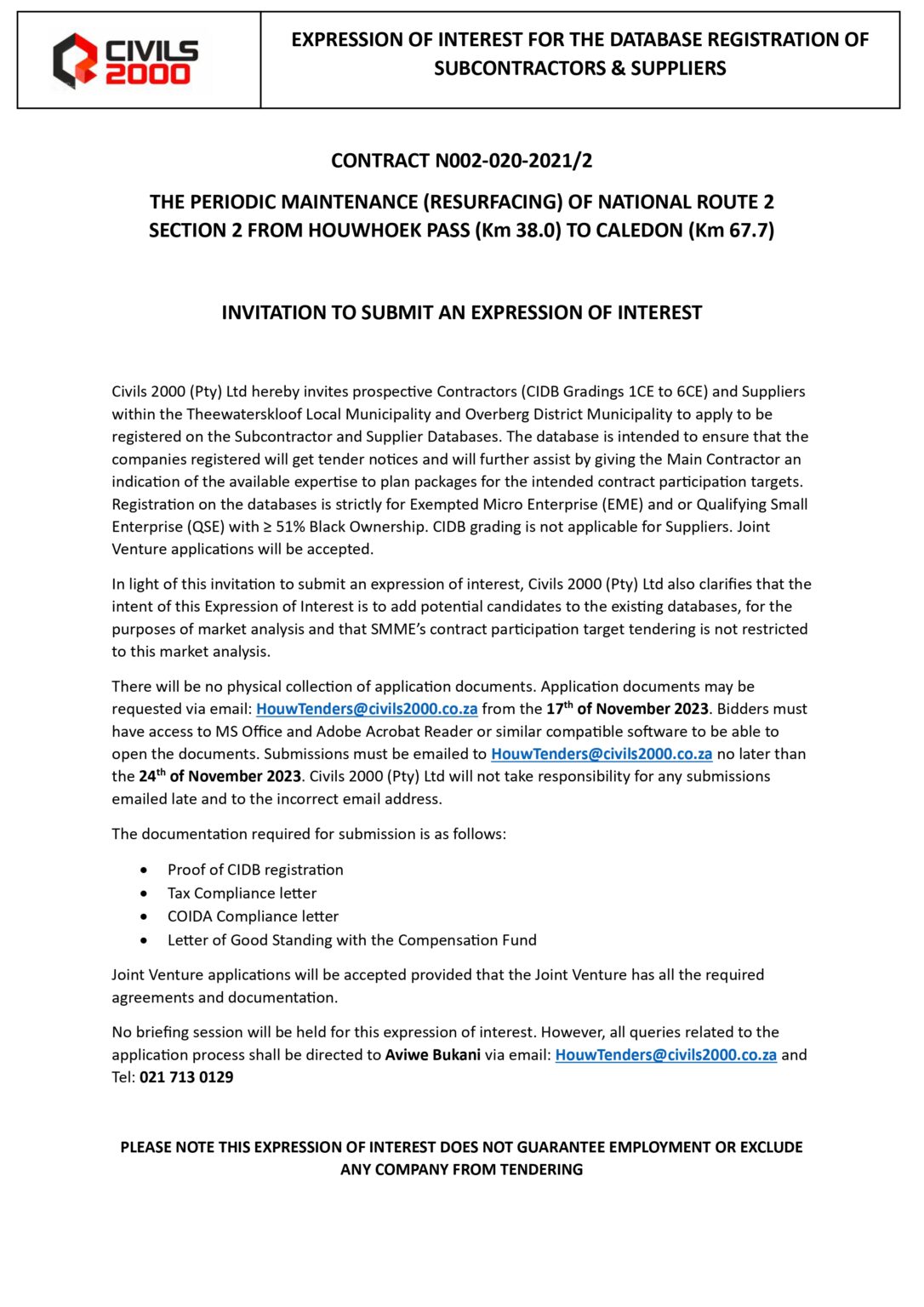 INVITATION TO SUBMIT AN EXPRESSION OF INTEREST: CONTRACT N002-020-2021/ ...