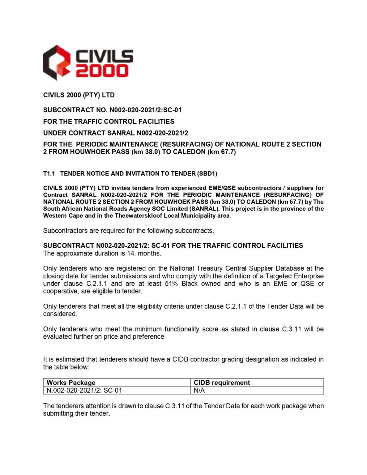 TENDER NOTICE AND INVITATION TO TENDER (SBD1) - SUBCONTRACT N002-020 ...