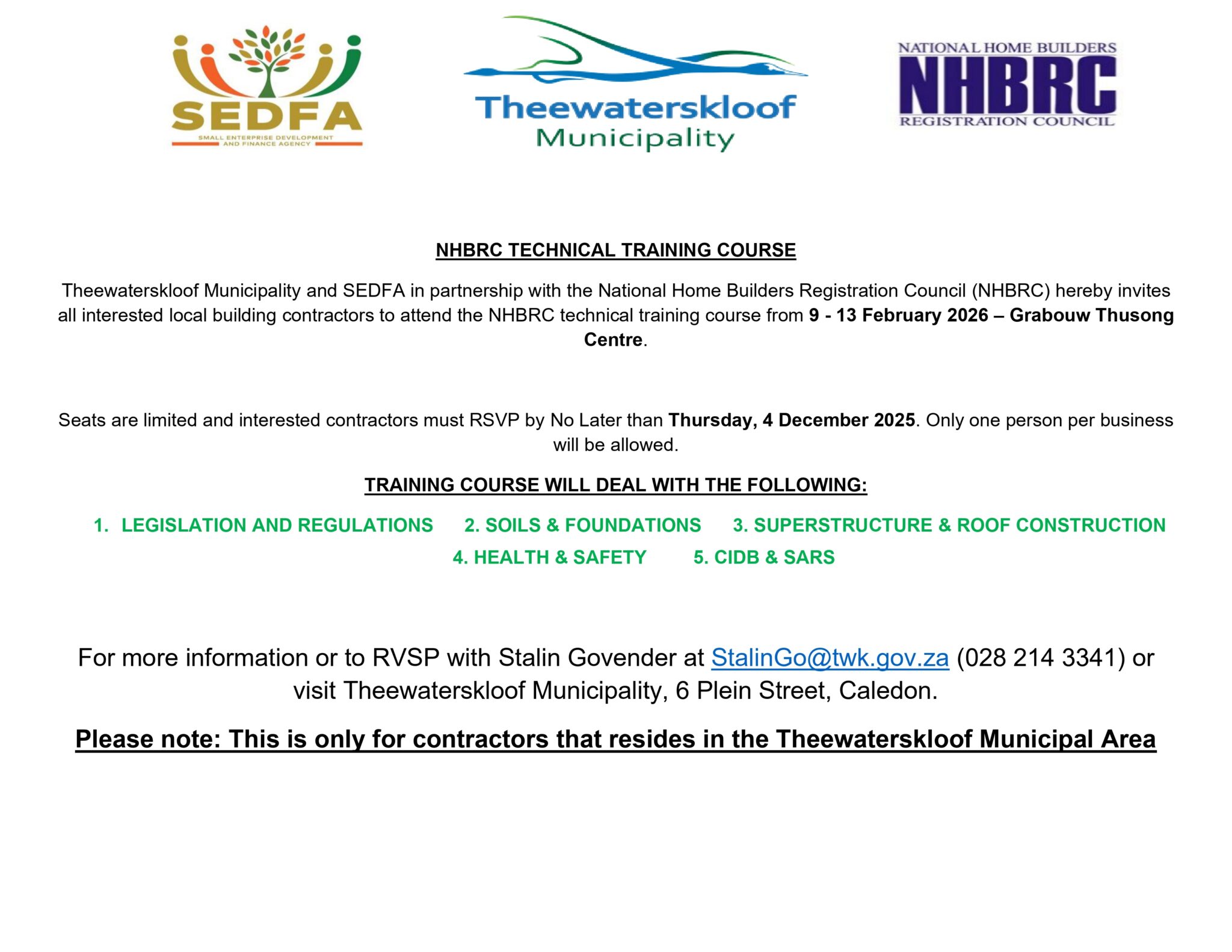 NHBRC TECHNICAL TRADING | Theewaterskloof Municipality